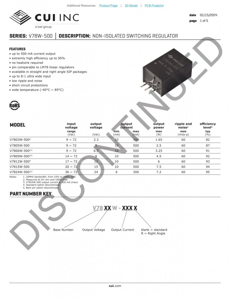 CUI V7803W-500R datasheet page 1