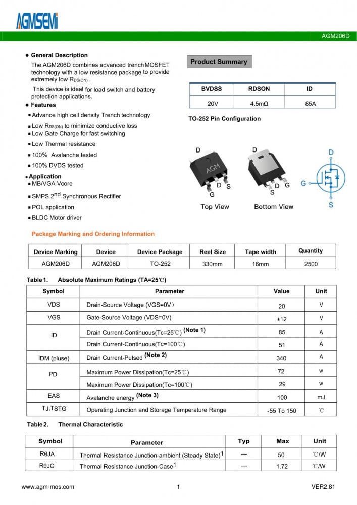 AGM206D datasheet page 1