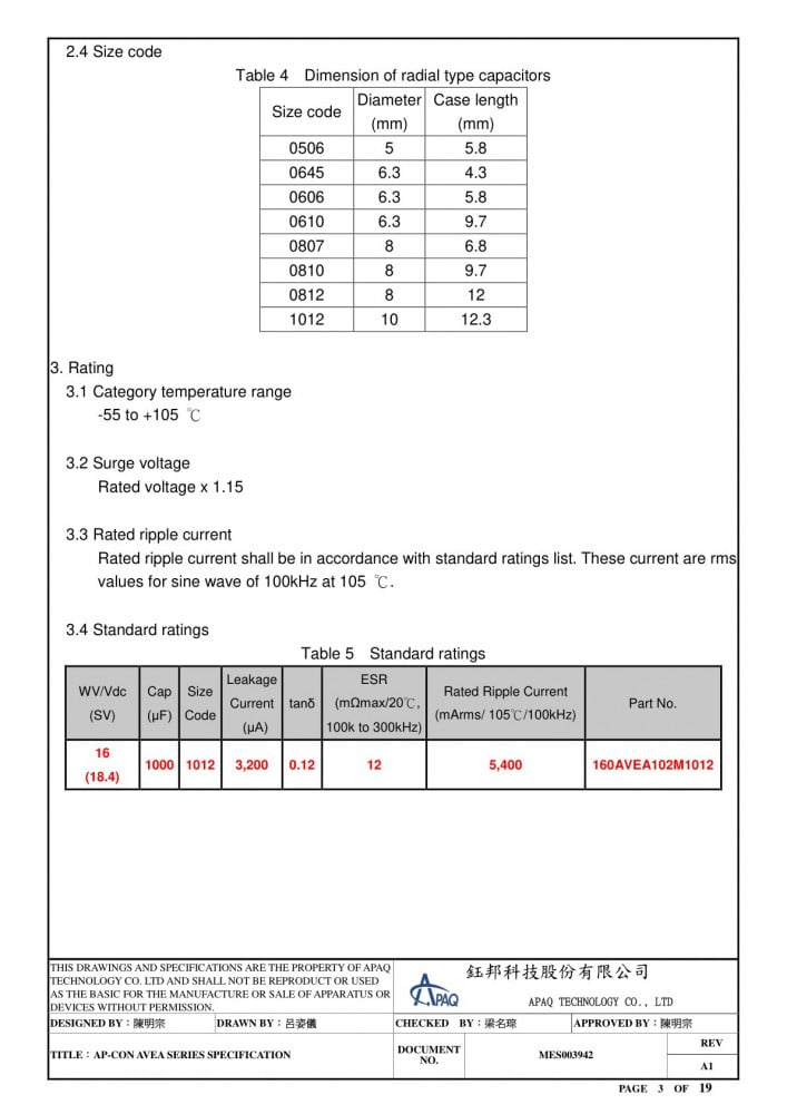 APAQ 160AVEA102M1012 specification page 3