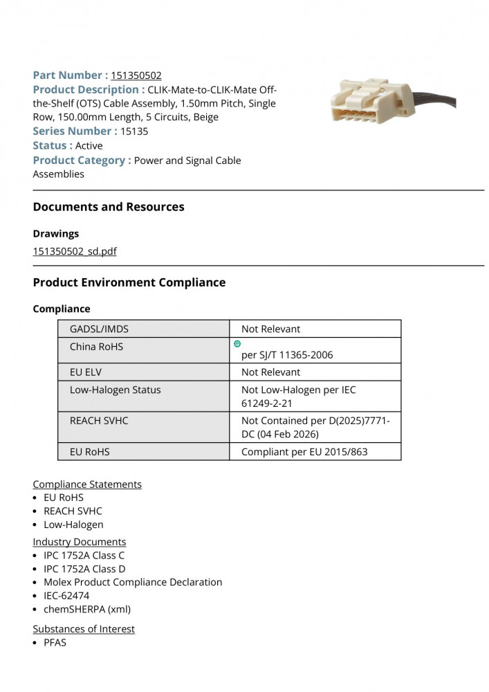 MOLEX 151350502 product drawing, page 1
