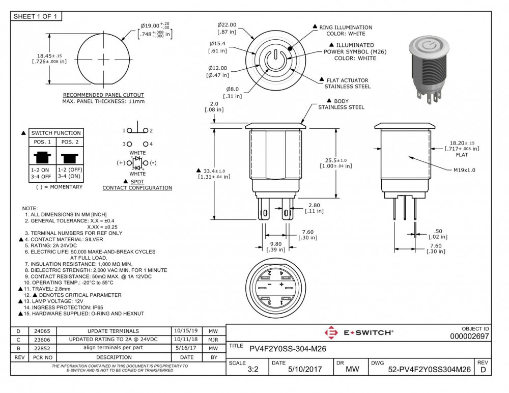 E-Switch PV4F2Y0SS-304-M26 product drawing