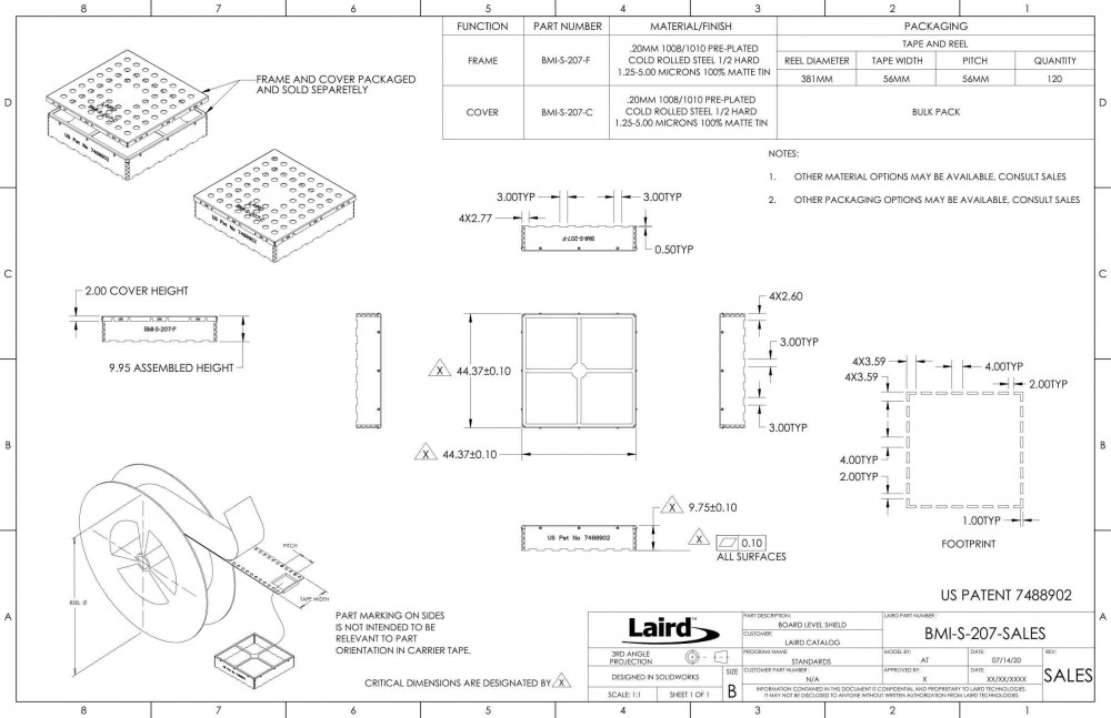 BMI-S-207-F board-level shield product drawing and footprint