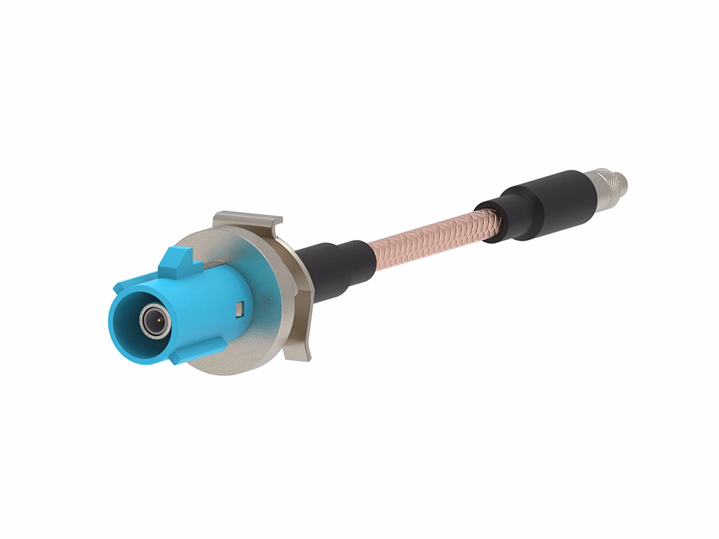 TNC Straight Bulkhead Jack Isolated Ground to MCRF Right-Angle Plug on 1.37mm Cable, 50.00mm Length, 50 Ohms