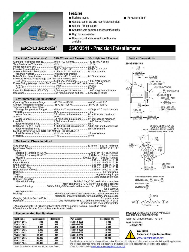 BOURNS 3540/3541 precision potentiometer datasheet page 1