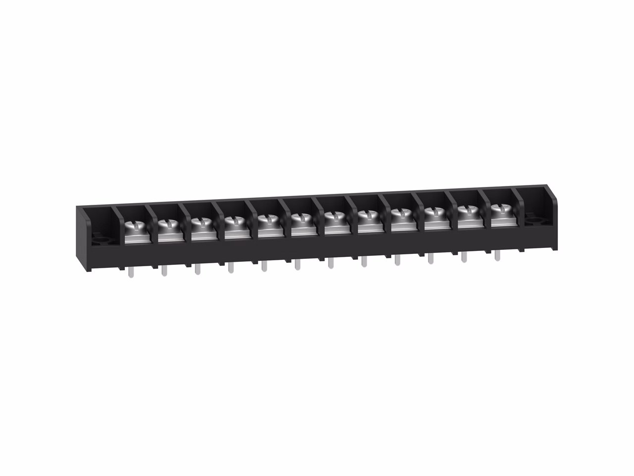 8.26mm Pitch, Single Row, Tri-Barrier Terminal Strip, with Mounting Ends, Black, Steel Screws, 10 Circuits