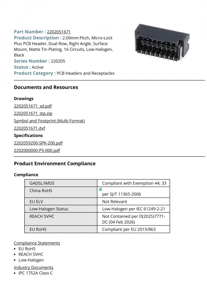 MOLEX 2202051671 technical document preview, page 1