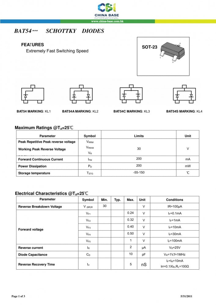 CBI BAT54S datasheet page 1