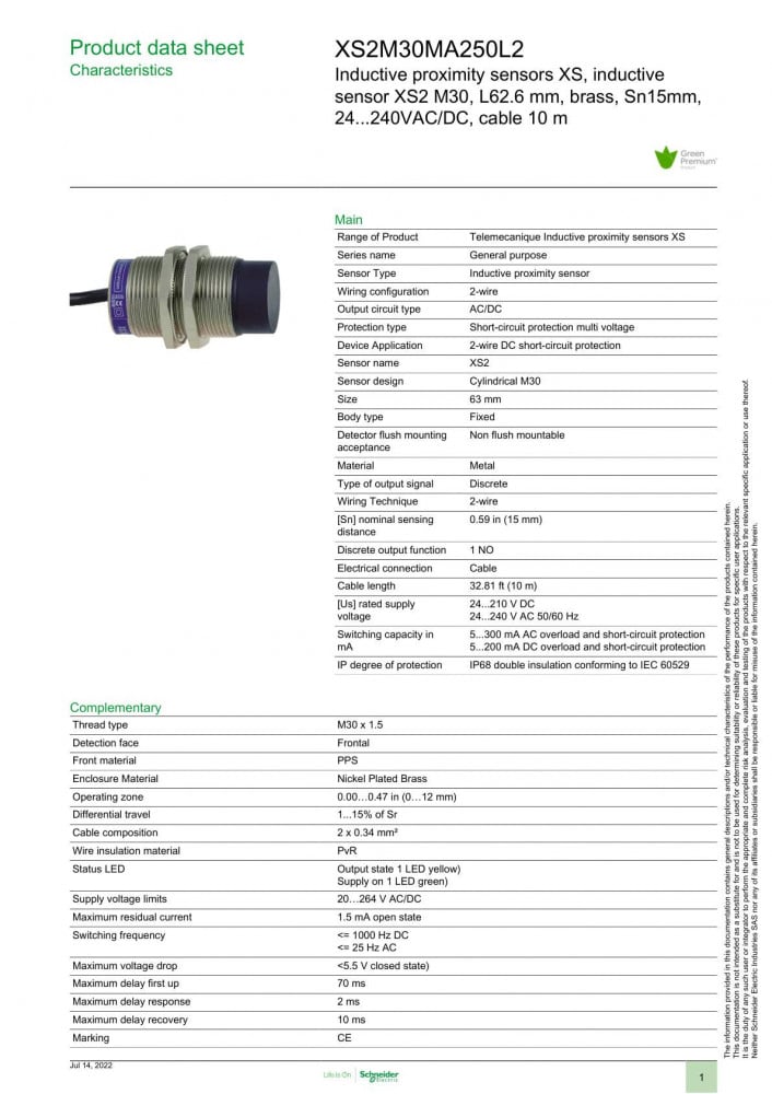 XS2M30MA250L2 technical document page 1