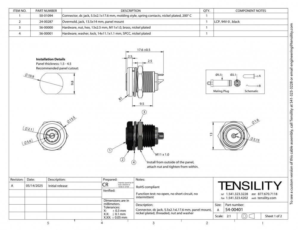 Tensility 54-00401 drawing, page 1