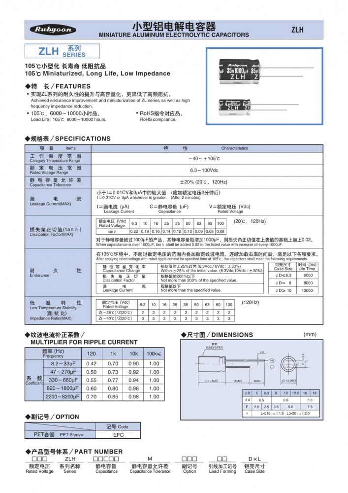 Rubycon ZLH series datasheet page 1