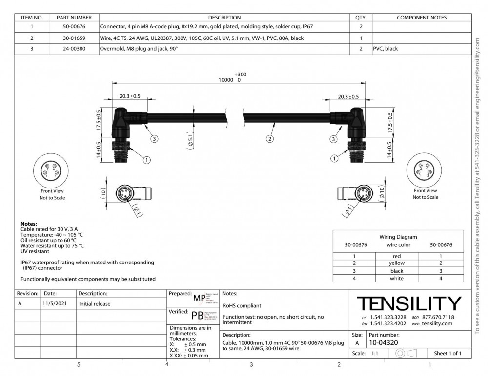 Tensility International 10-04320 cable assembly technical drawing