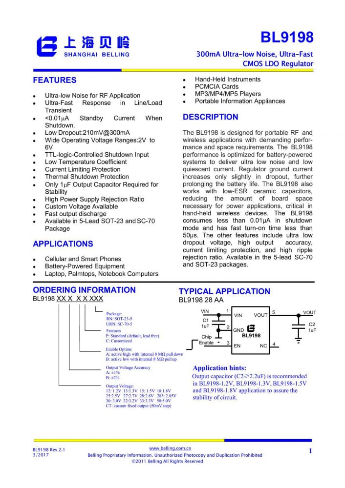 BL9198 datasheet page 1