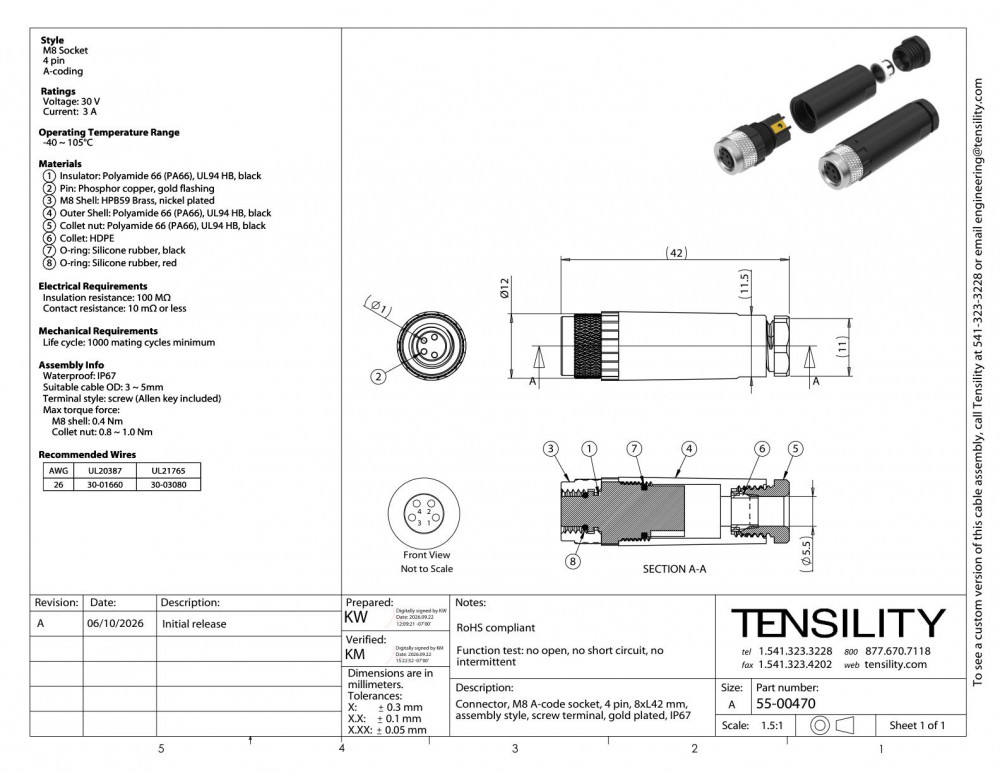 Tensility International 55-00470 M8 A-coded 4-pin socket product drawing