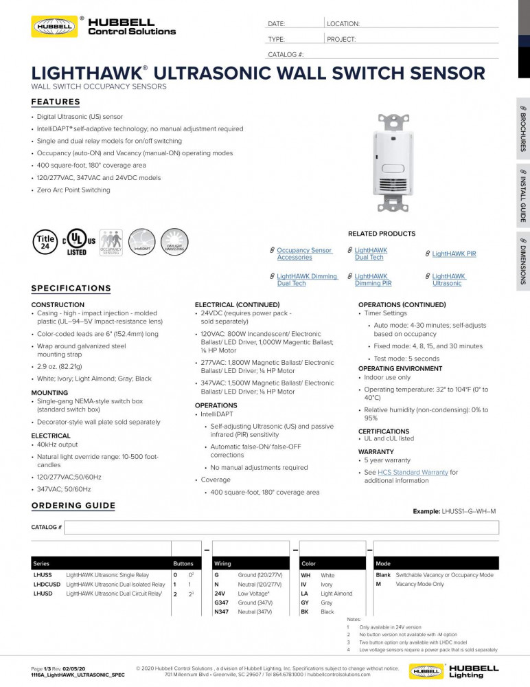 LightHAWK ultrasonic wall switch sensor product document, page 1