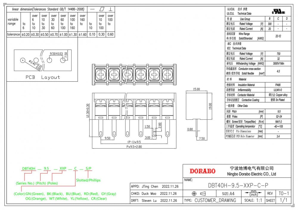 DORABO DBT40H terminal block technical drawing