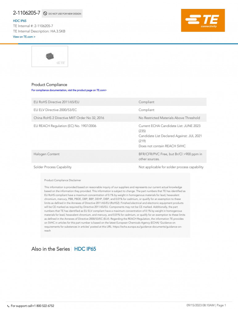 TE Connectivity 2-1106205-7 technical document page 1