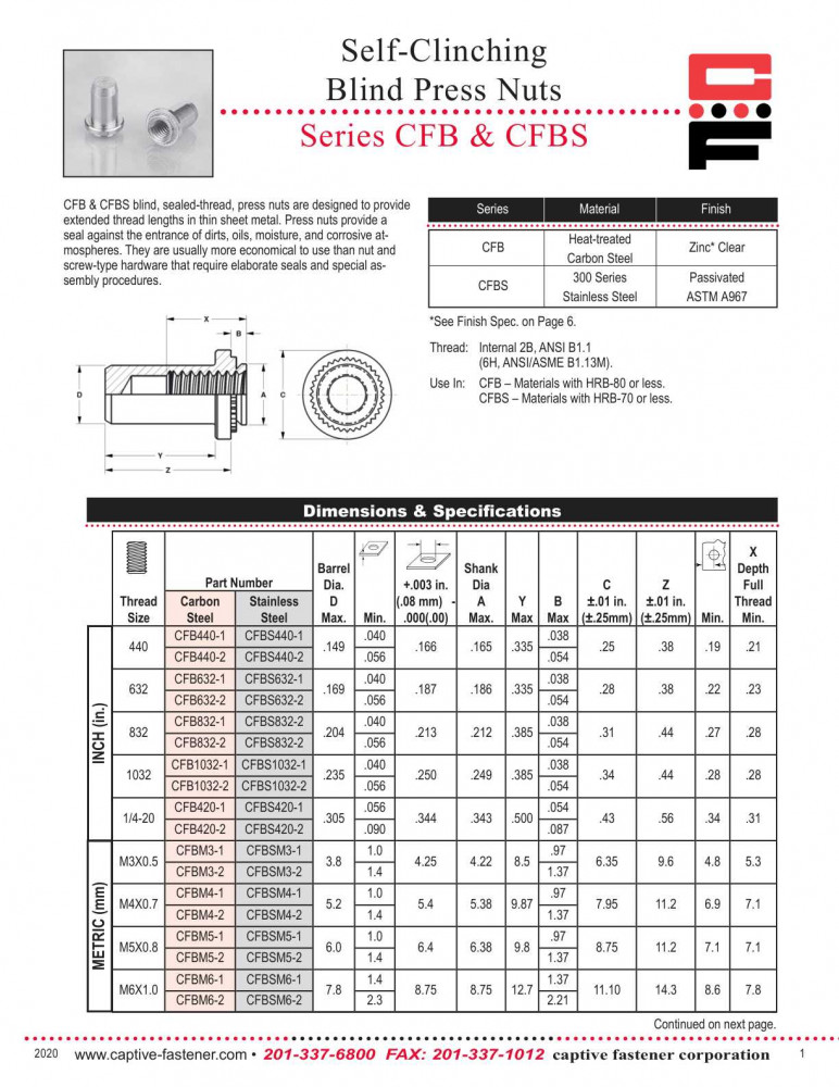 Captive Fastener CFB and CFBS press nut technical document, page 1