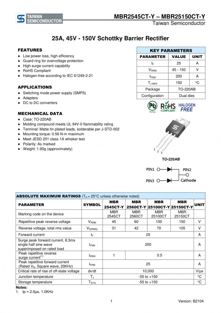 MBR2560CT-Y datasheet page 1