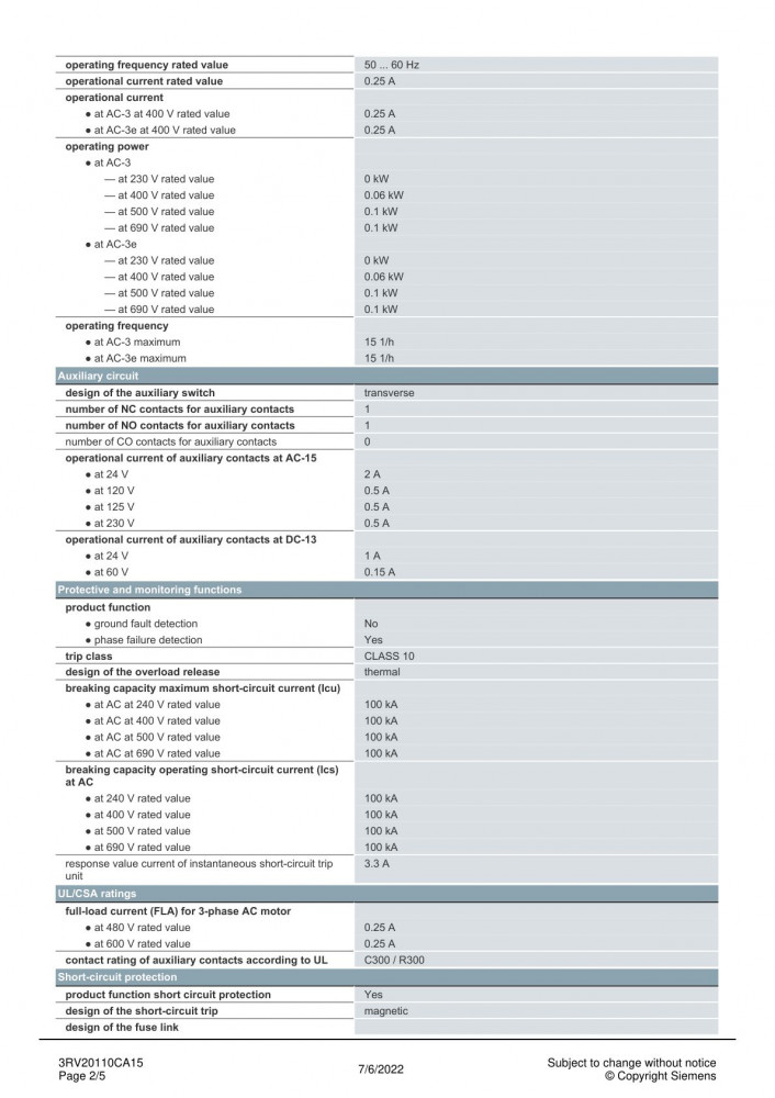3RV20110CA15 technical document page 2