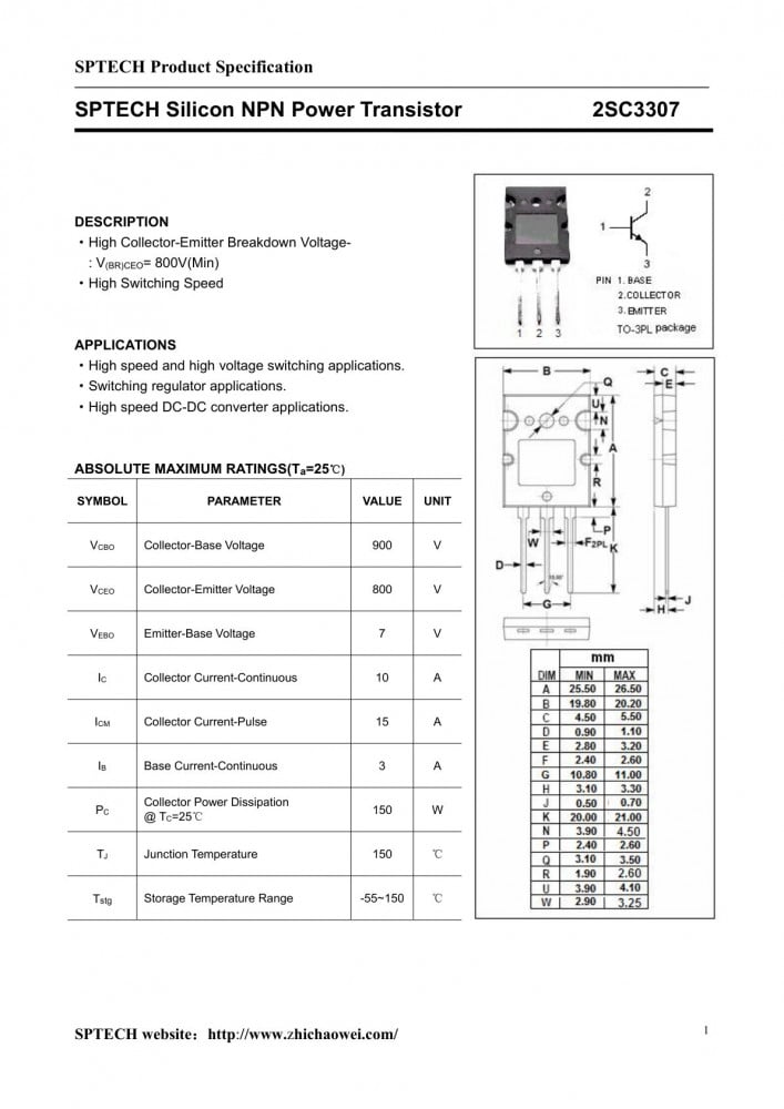SPTECH 2SC3307 datasheet page 1