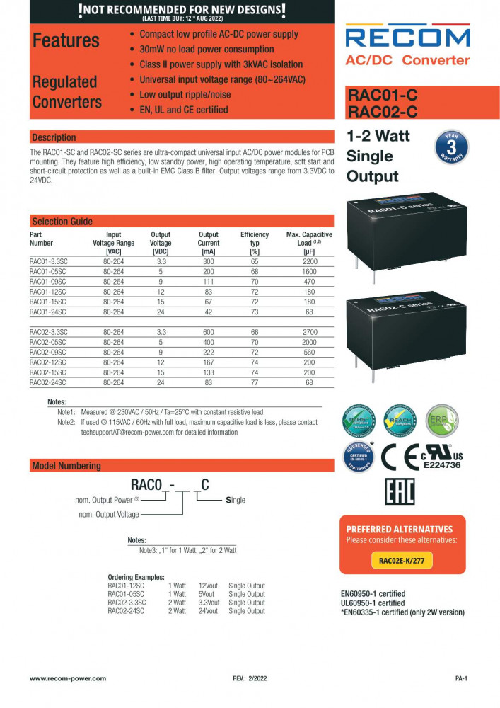 RAC01-05SC datasheet page 1