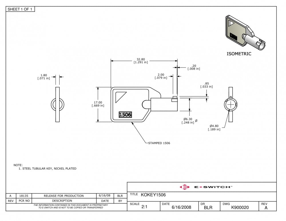 E-Switch KOKEY1506 technical drawing