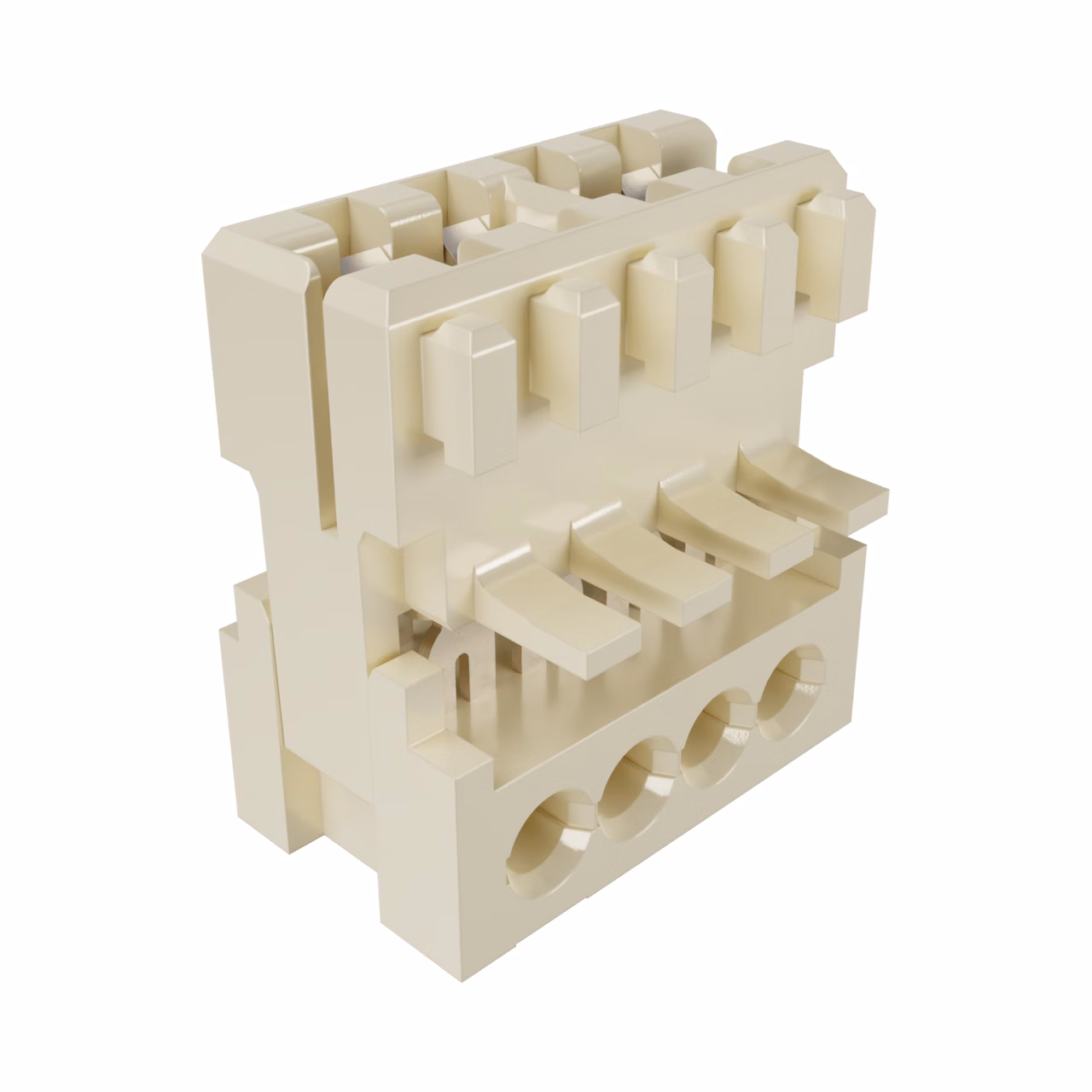 Appli-Mate RAST 2.5 Connector, 2.50mm Pitch, Female, 4 Circuits, Positions A and E Removed, Polarizing Rib Between 2/3, Locking Pips, 1 Slotted and 1 Open Endwall, Tin Plating