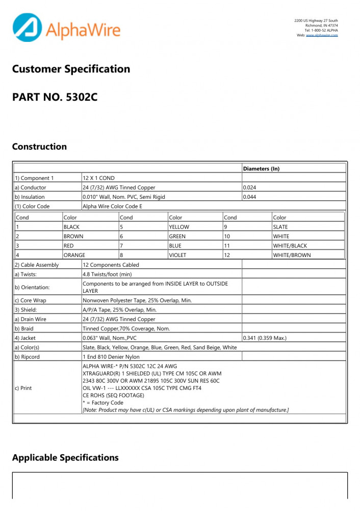 Alpha Wire 5302C specification page 1