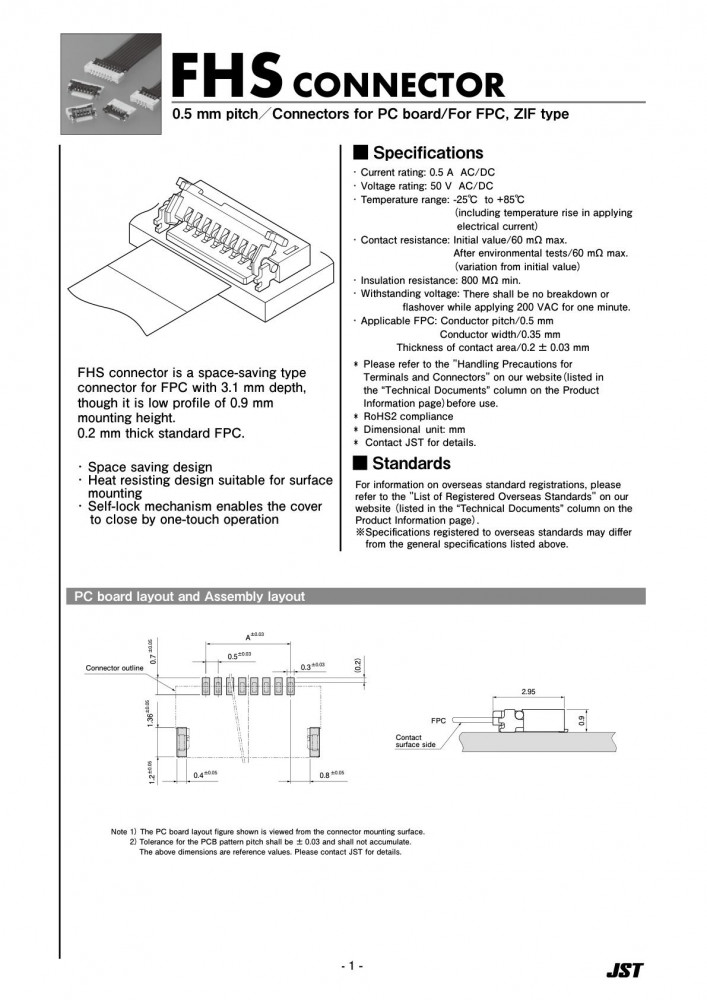 JST FHS connector technical document page 1