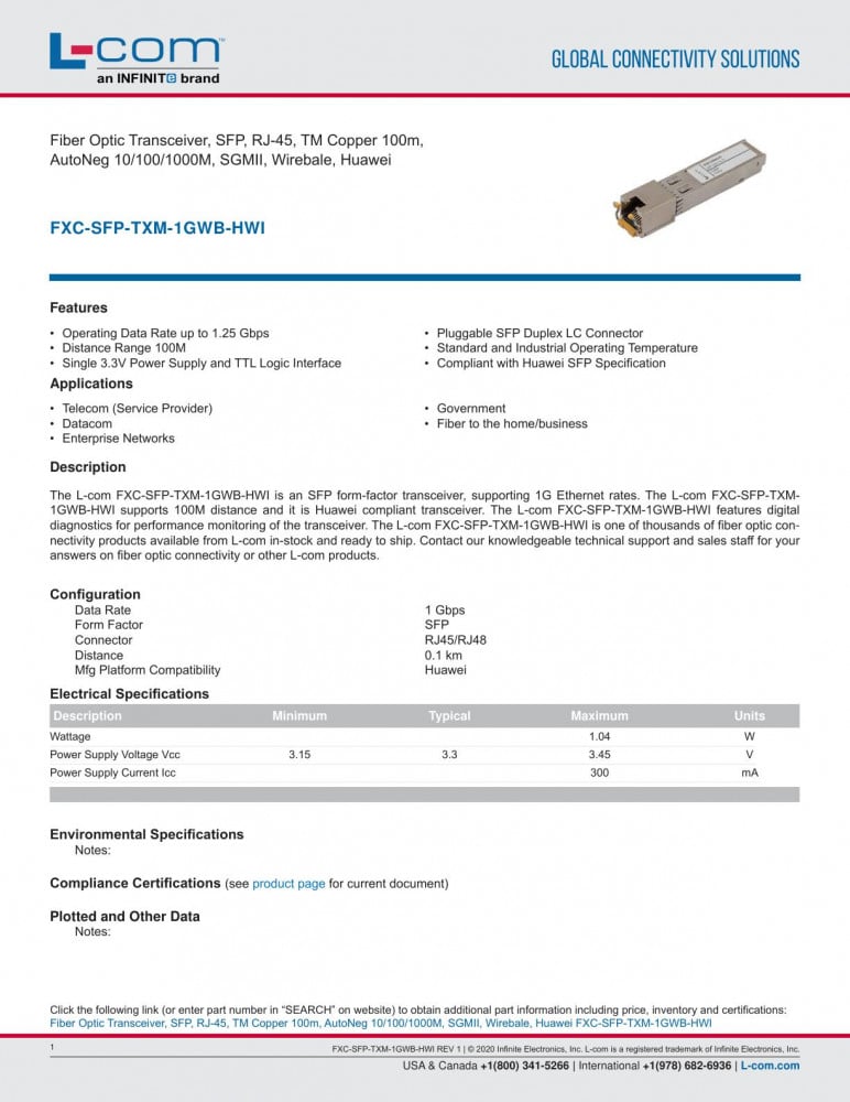 FXC-SFP-TXM-1GWB-HWI datasheet page 1