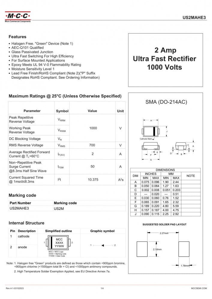 US2MAHE3-TP datasheet page 1