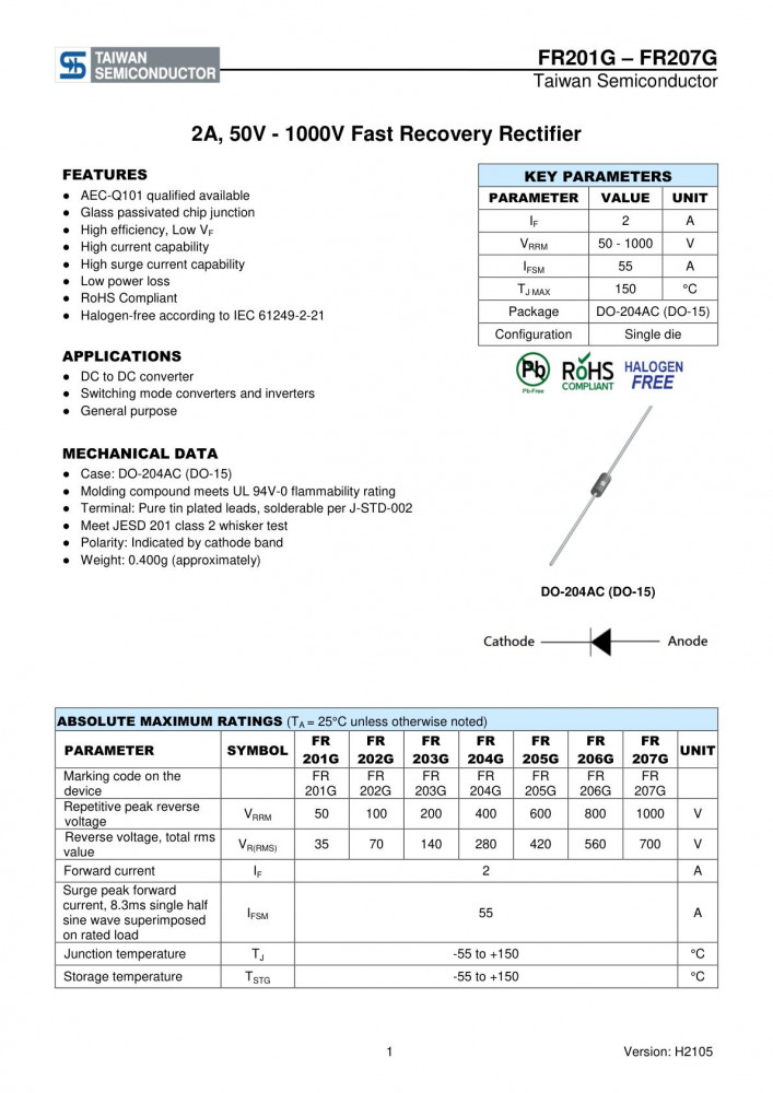 FR201G datasheet page 1