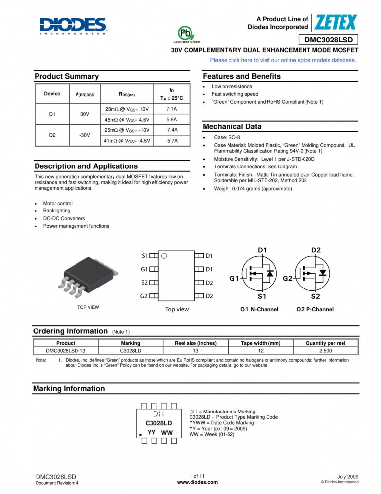 DMC3028LSD-13 datasheet page 1