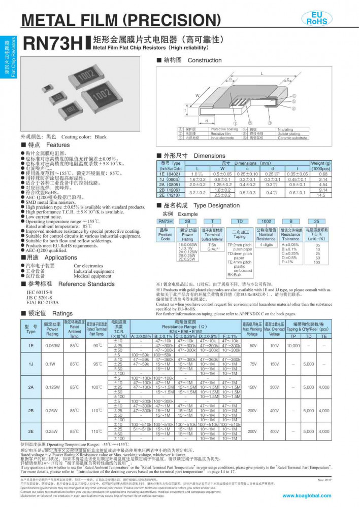 KOA RN73H technical document page 1