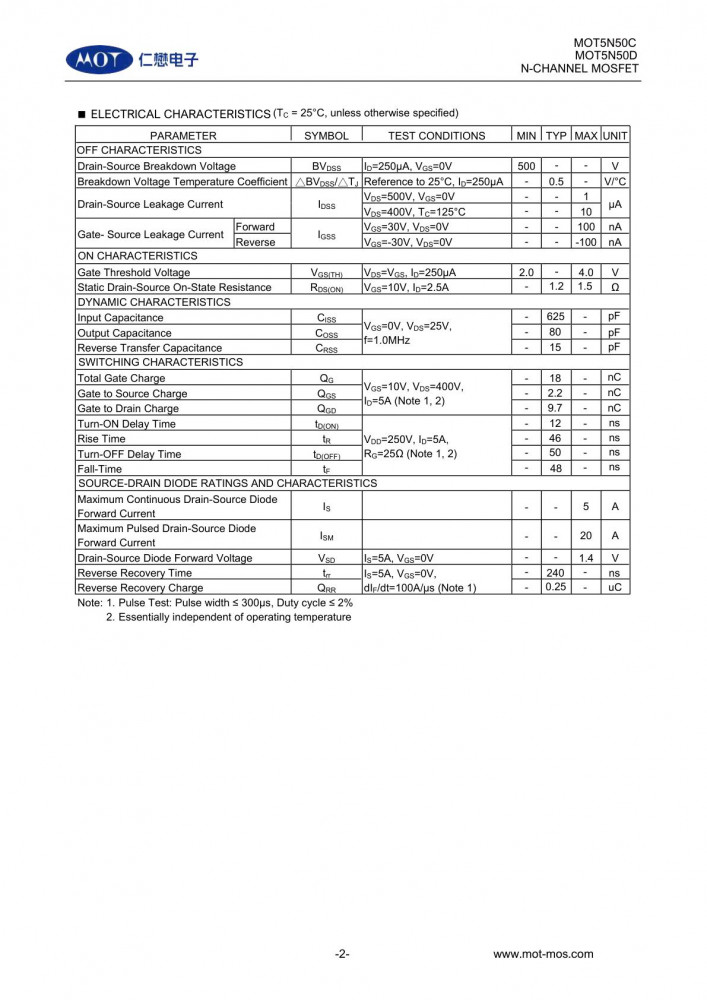 MOT5N50D datasheet page 2