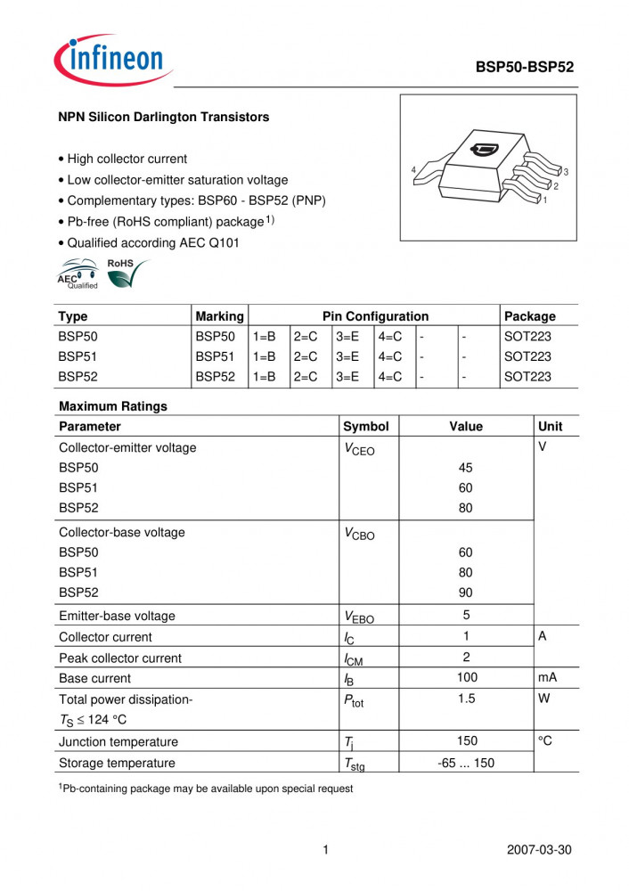 BSP50 datasheet page 1