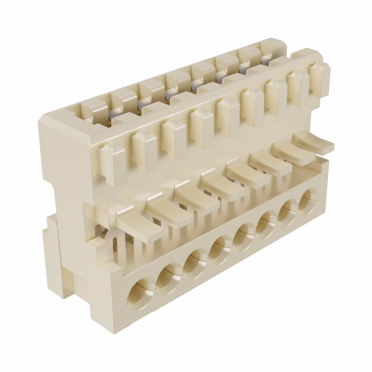 Appli-Mate RAST 2.5 Connector, 2.50mm Pitch, Female, 7 Circuits, Positions A, B, C, D, E, F, G, and H Removed, Polarizing Rib Between 2/3, Locking Pips, Slotted Endwalls, Brown Color Stripe, Tin Plating