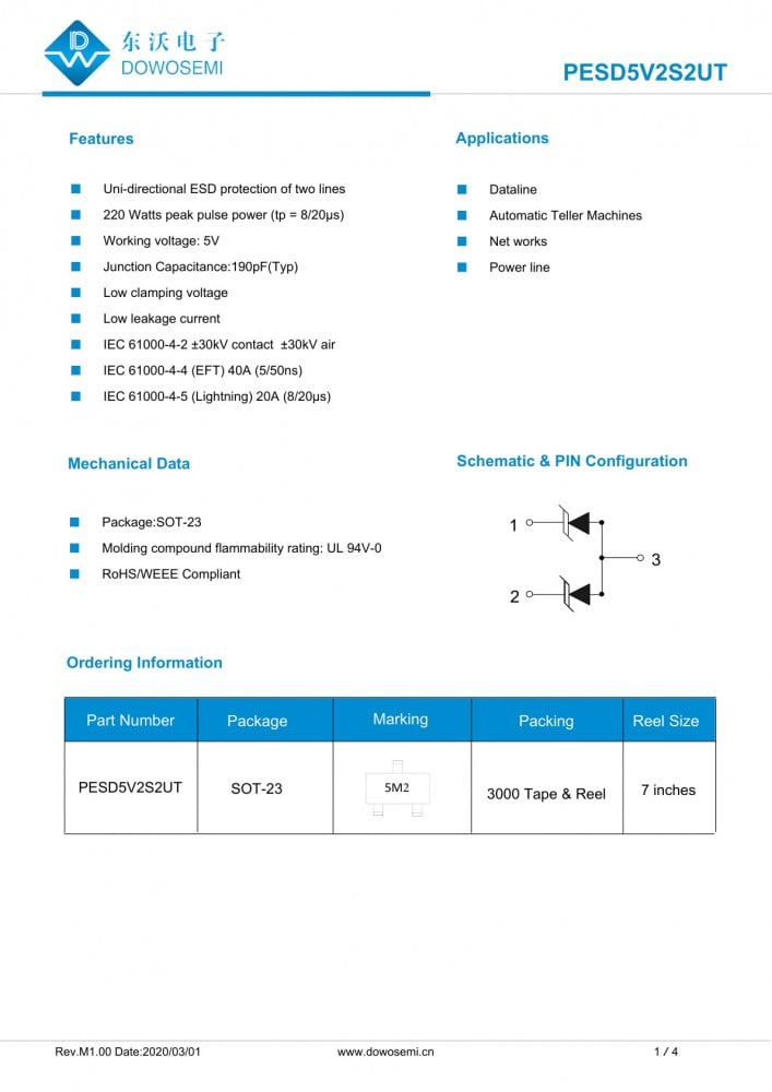 PESD5V2S2UT datasheet page 1