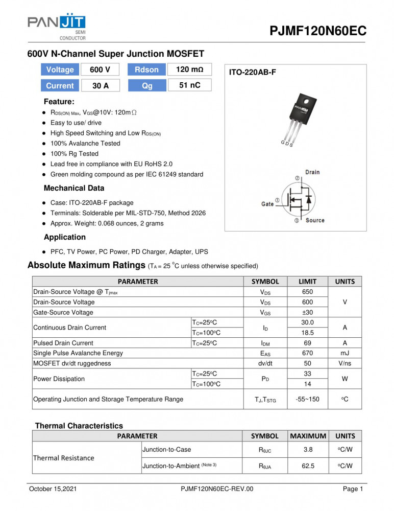 PJMF120N60EC datasheet page 1