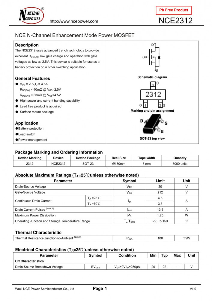 NCE2312 datasheet page 1