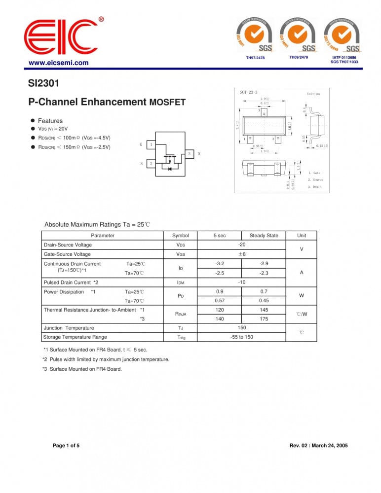 SI2301 datasheet page 1