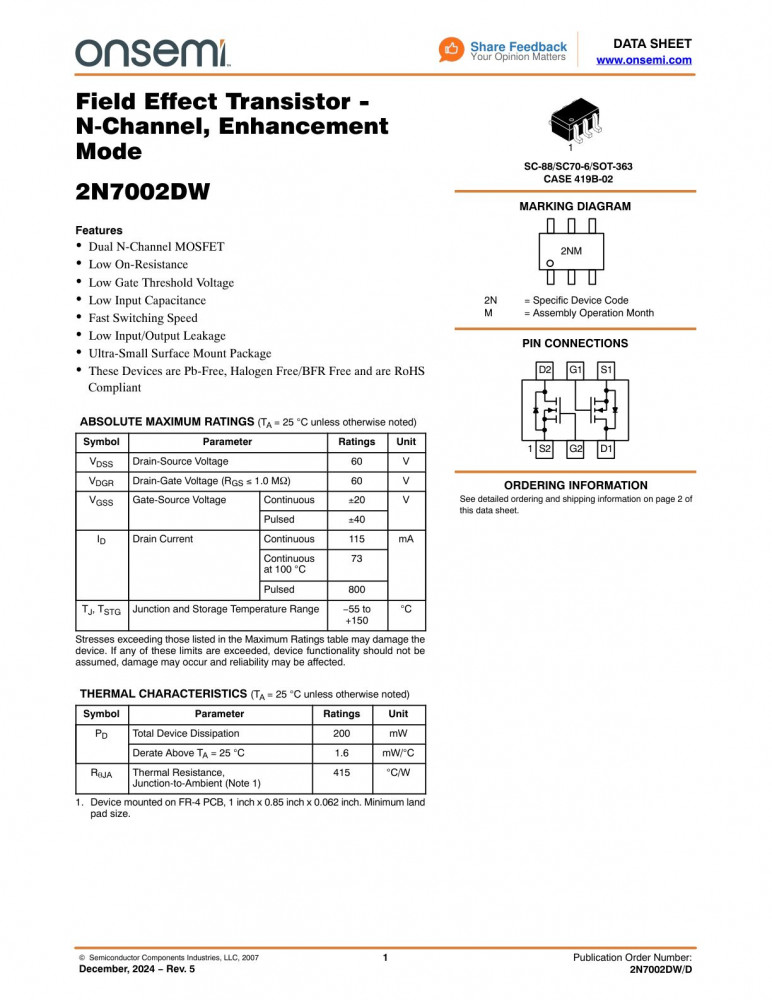 2N7002DW datasheet page 1