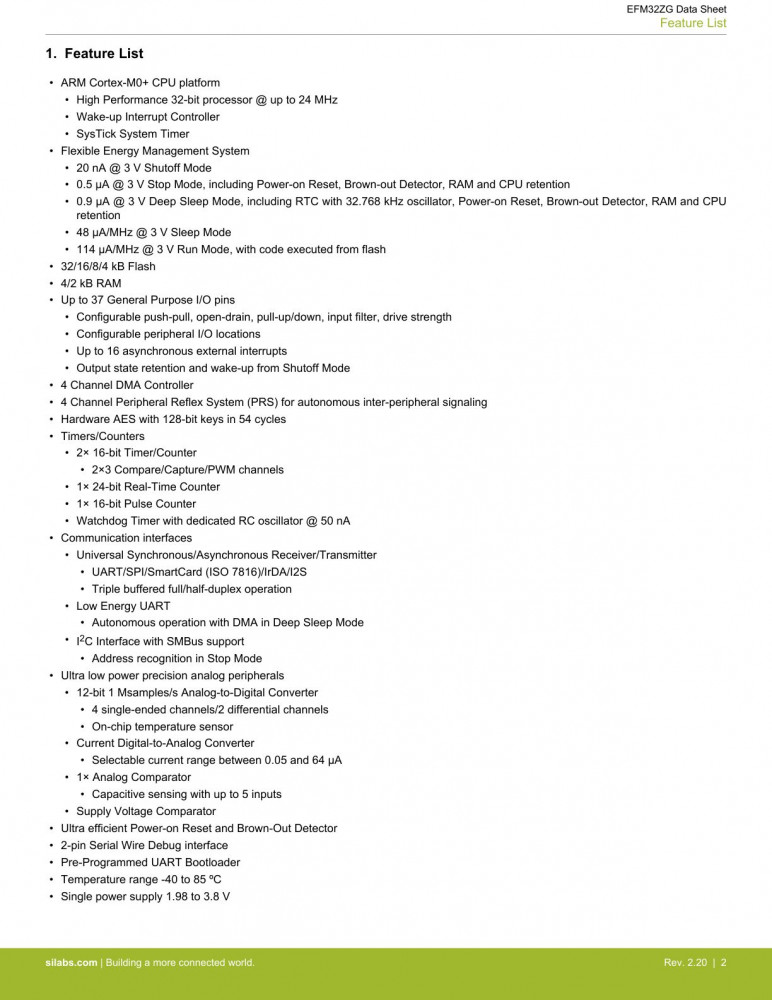 EFM32ZG datasheet page 2