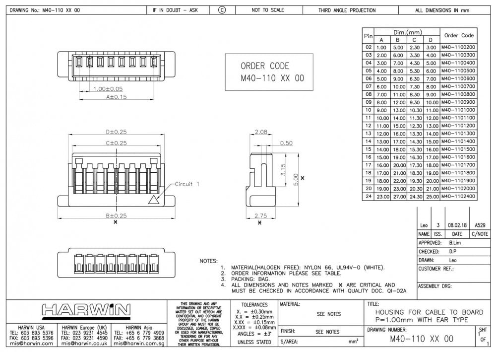 Harwin M40-1101400 technical drawing