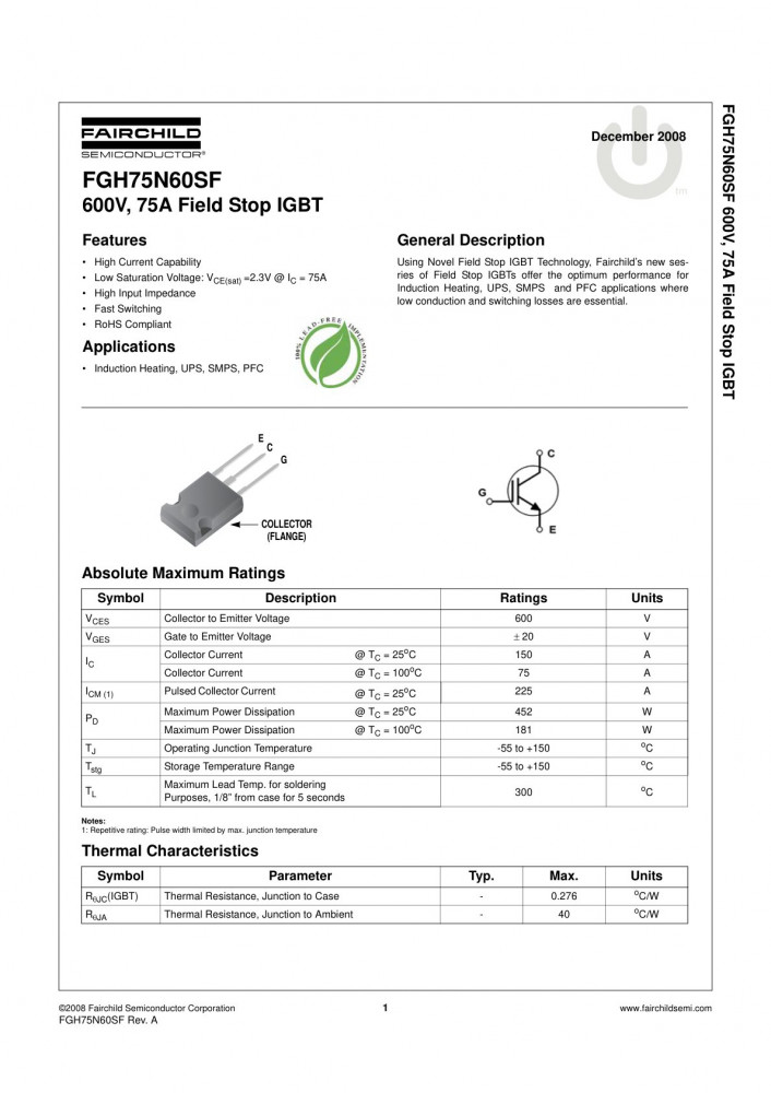 FGH75N60SFTU datasheet page 1