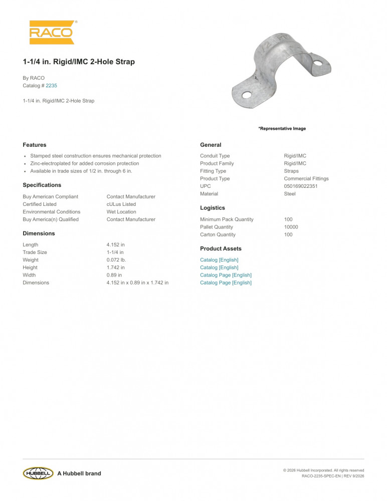 Catalog page image for RACO catalog 2235 1-1/4 inch rigid and IMC two-hole strap