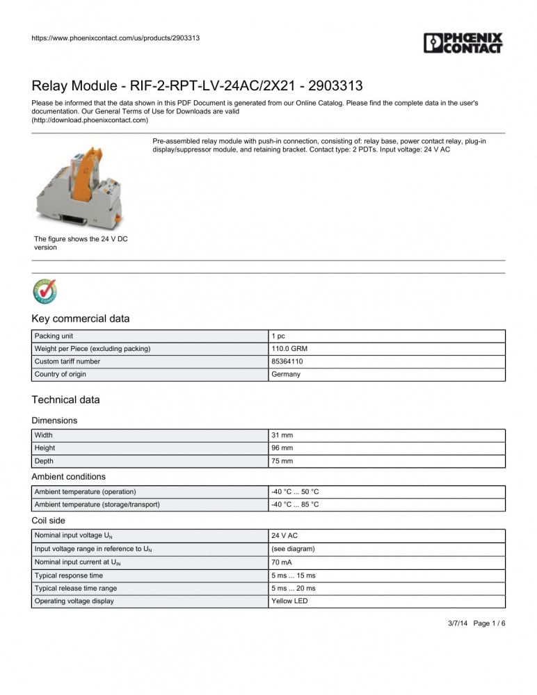 Phoenix Contact 2903313 datasheet page 1