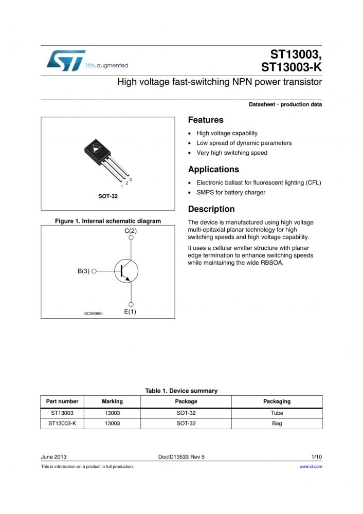 ST13003 datasheet page 1