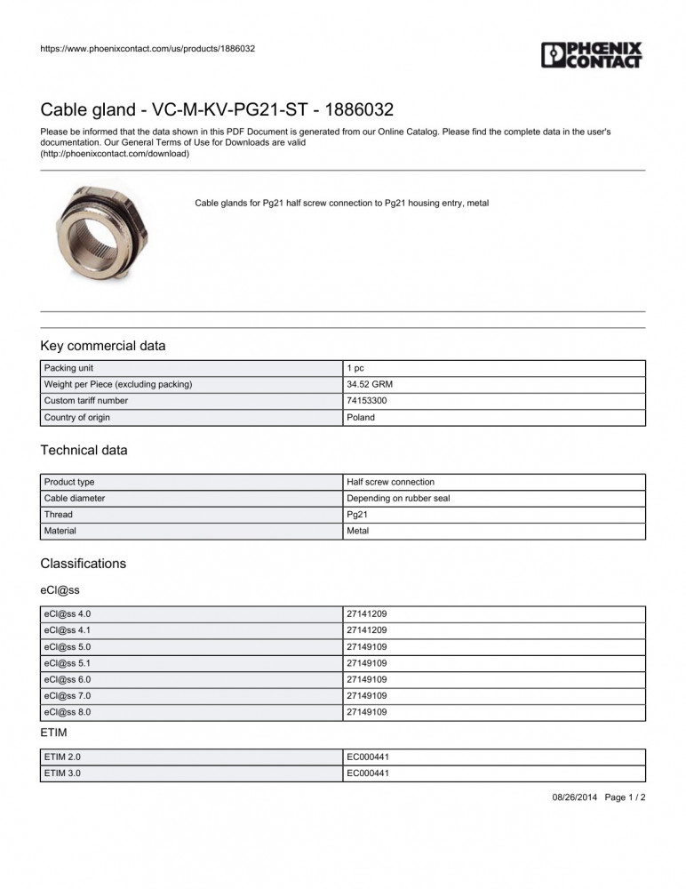 Phoenix Contact VC-M-KV-PG21-ST 1886032 technical document page 1