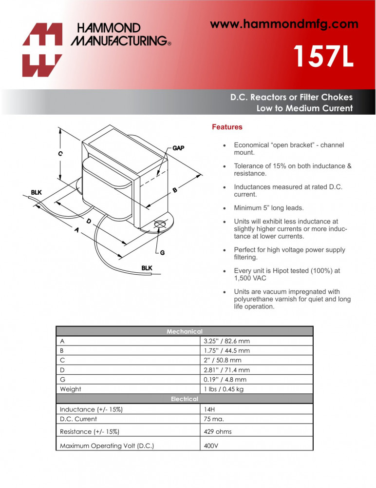Hammond 157L technical specification page